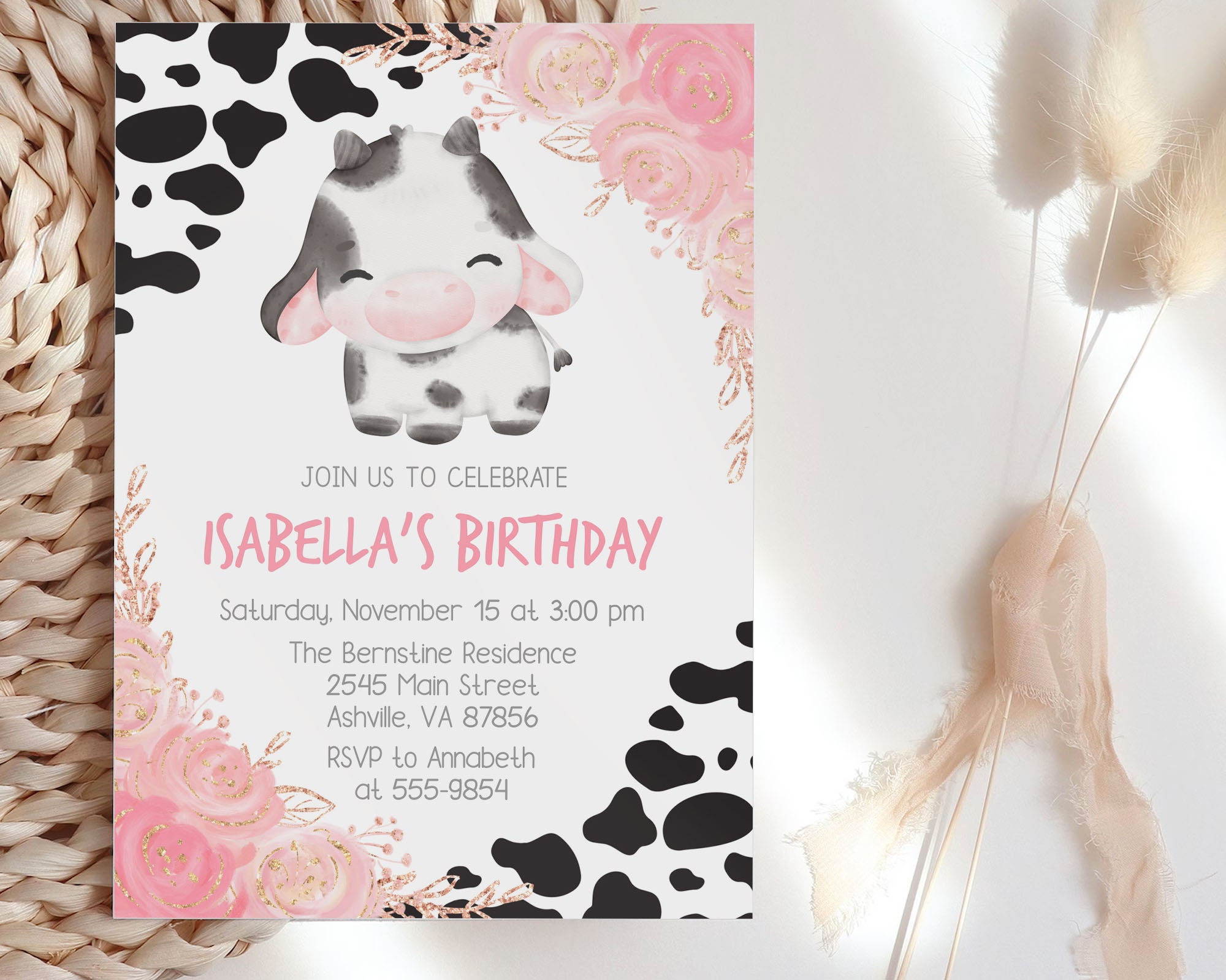Cow Birthday Invitation Template, Editable Birthday Invitation, Cute ...