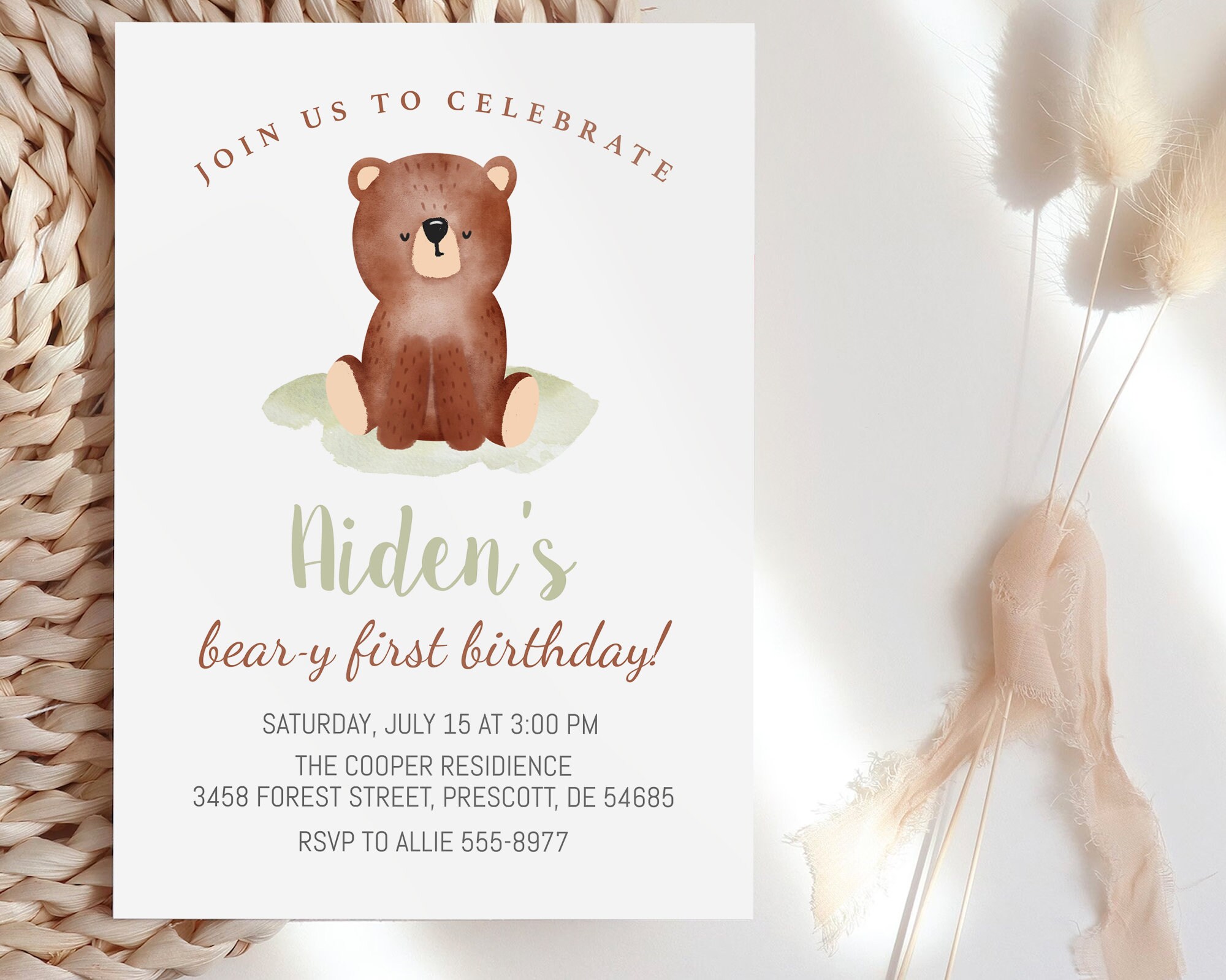 Bear-y First Birthday Invitation Template, Bear First Birthday ...