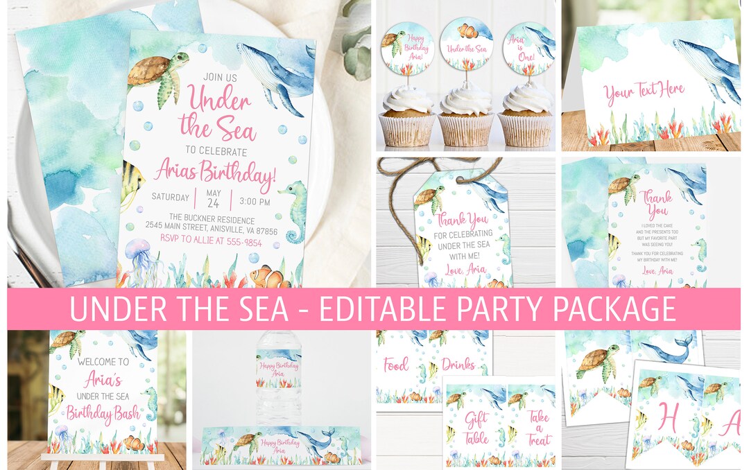 Ocean Girl Party Package, Party Bundle, Ocean Animals, Girl, Pink ...