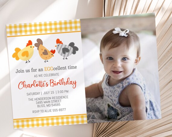 Chicken Photo Invitation template, Eggscellent time invitation ...