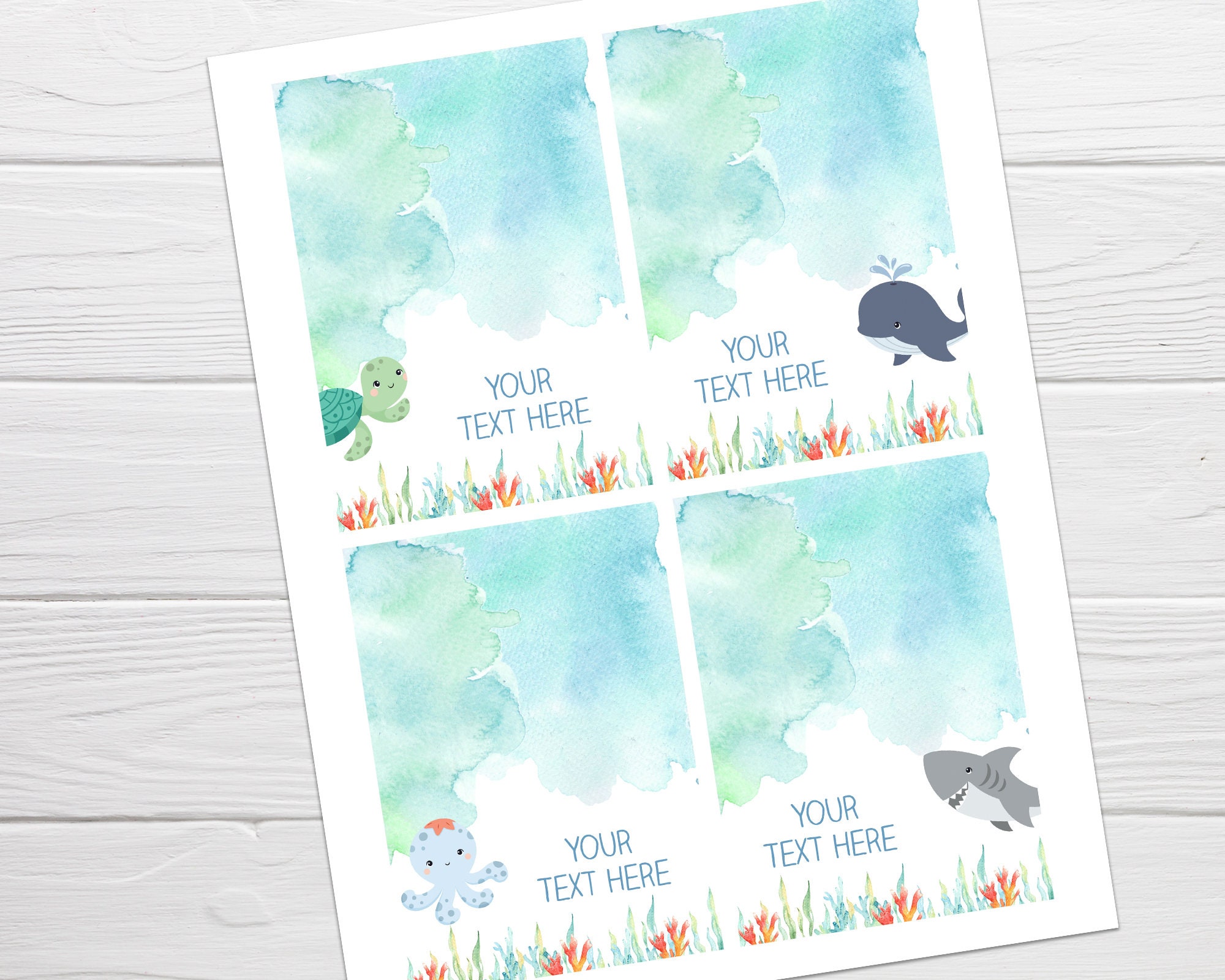 Ocean Animals Table Tent Label, Turtle, Whale, Seahorse, Fish, Girl ...