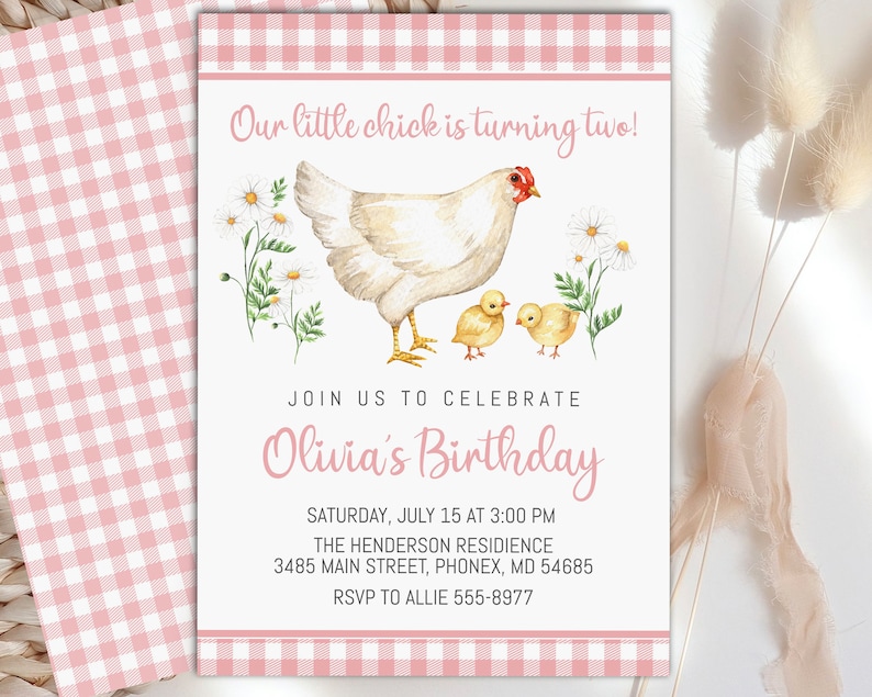 Chicken Birthday Invitation Template: Pink Gingham, Daisy Flowers ...