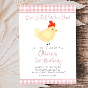 Chicken Birthday Invitation Template in Pink Gingham, Our Little Chick ...