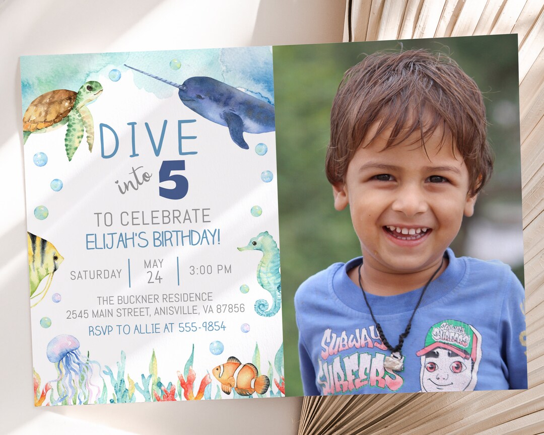 Dive Into Five Birthday Photo Invitation, Ocean Animals, Narwhal ...