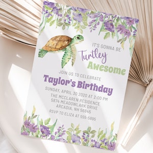 Turtle Birthday Invitation Template: Purple Floral, Editable (digital ...