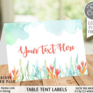 Ocean Sea Shore Table Tent Label, Girl, Boy, Food Label, Editable Table ...