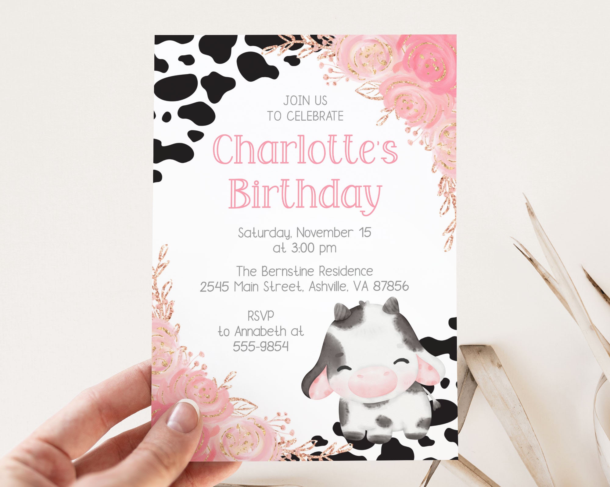 Cow Birthday Invitation Template, Editable Birthday Invitation, Cute ...