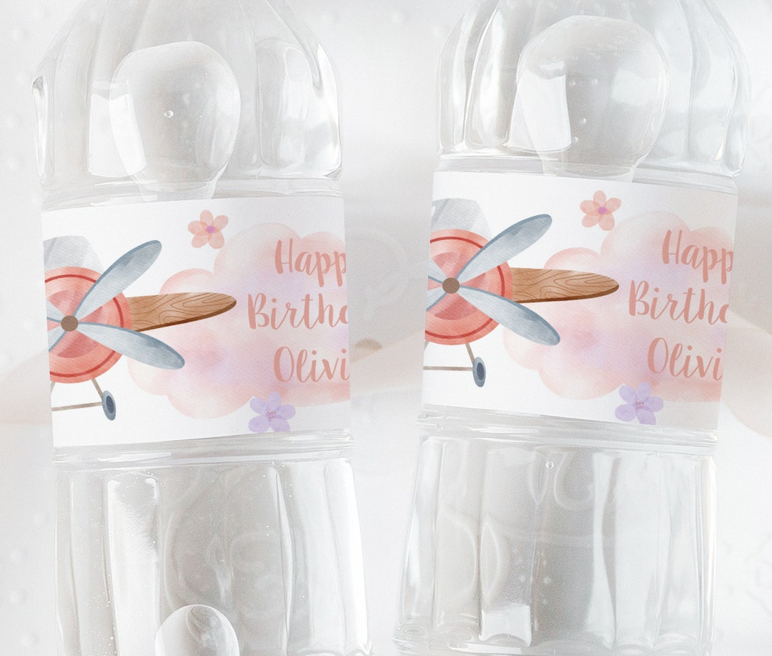 Airplane Water Bottle Wrap, Editable, Pink Plane, How Time Flies, Water ...