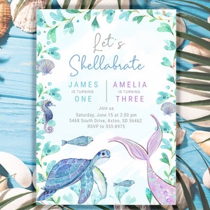 Turtle Mermaid Birthday Invitation Printable Template, Dual Party ...