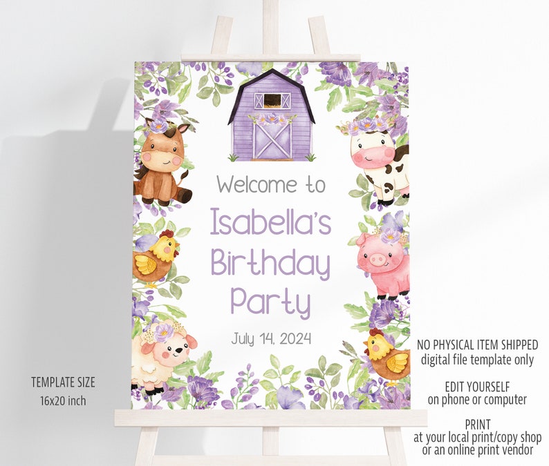 Farm Animals Welcome Sign Printable Template With Purple Flowers ...
