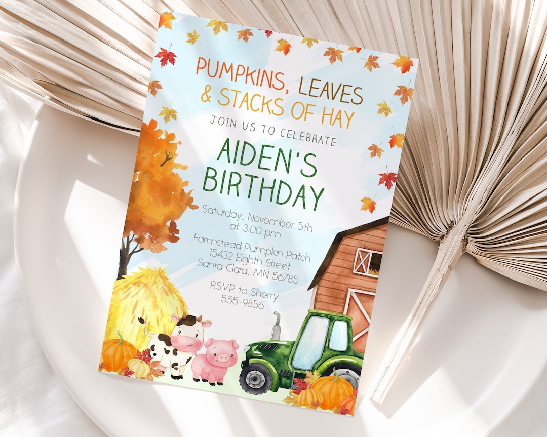 Pumpkins Leaves and Stacks of Hay Birthday Invitation, Editable, Farm ...