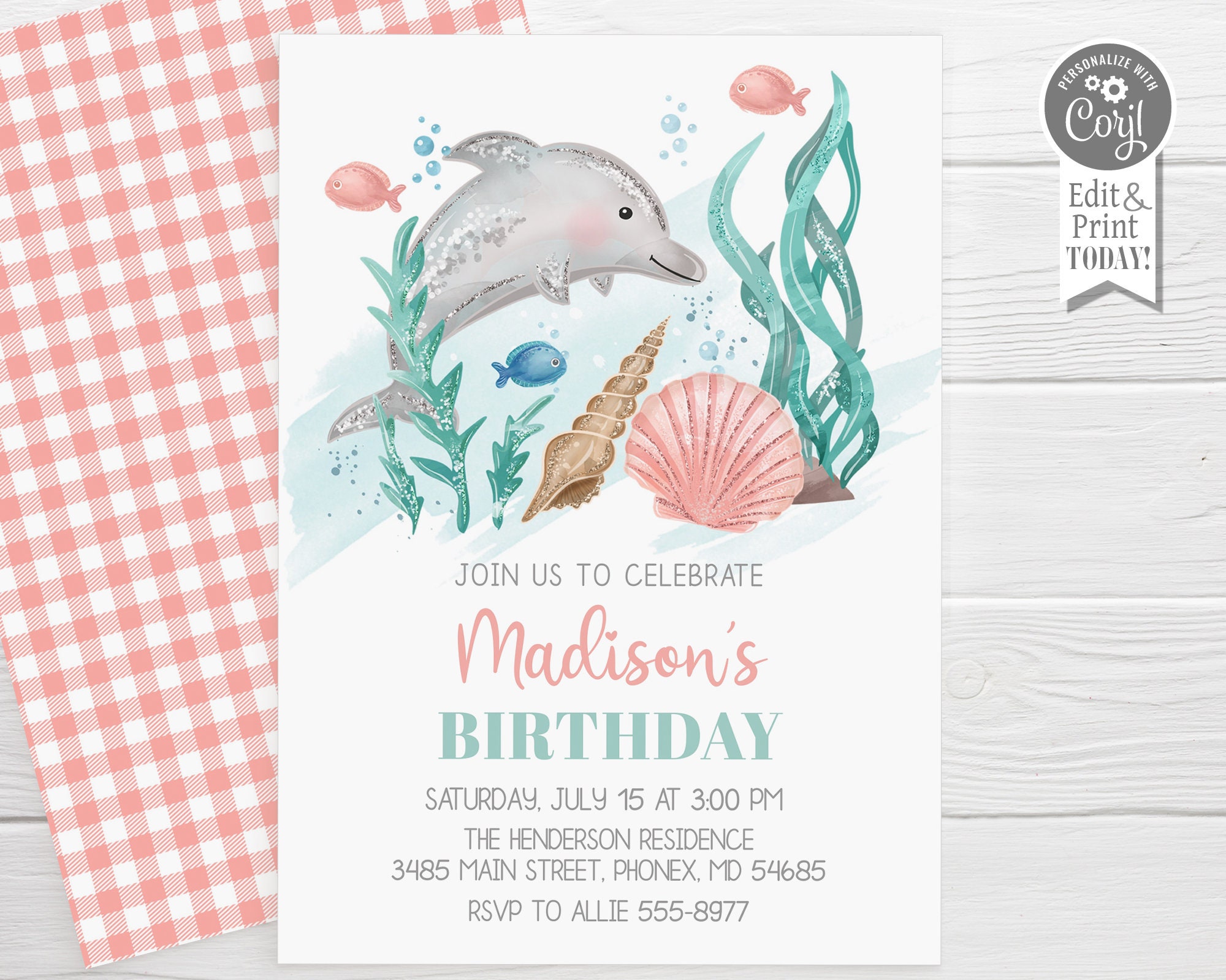 Dolphin Birthday Invitation Template, Editable, Girl Dolphin Invitation ...