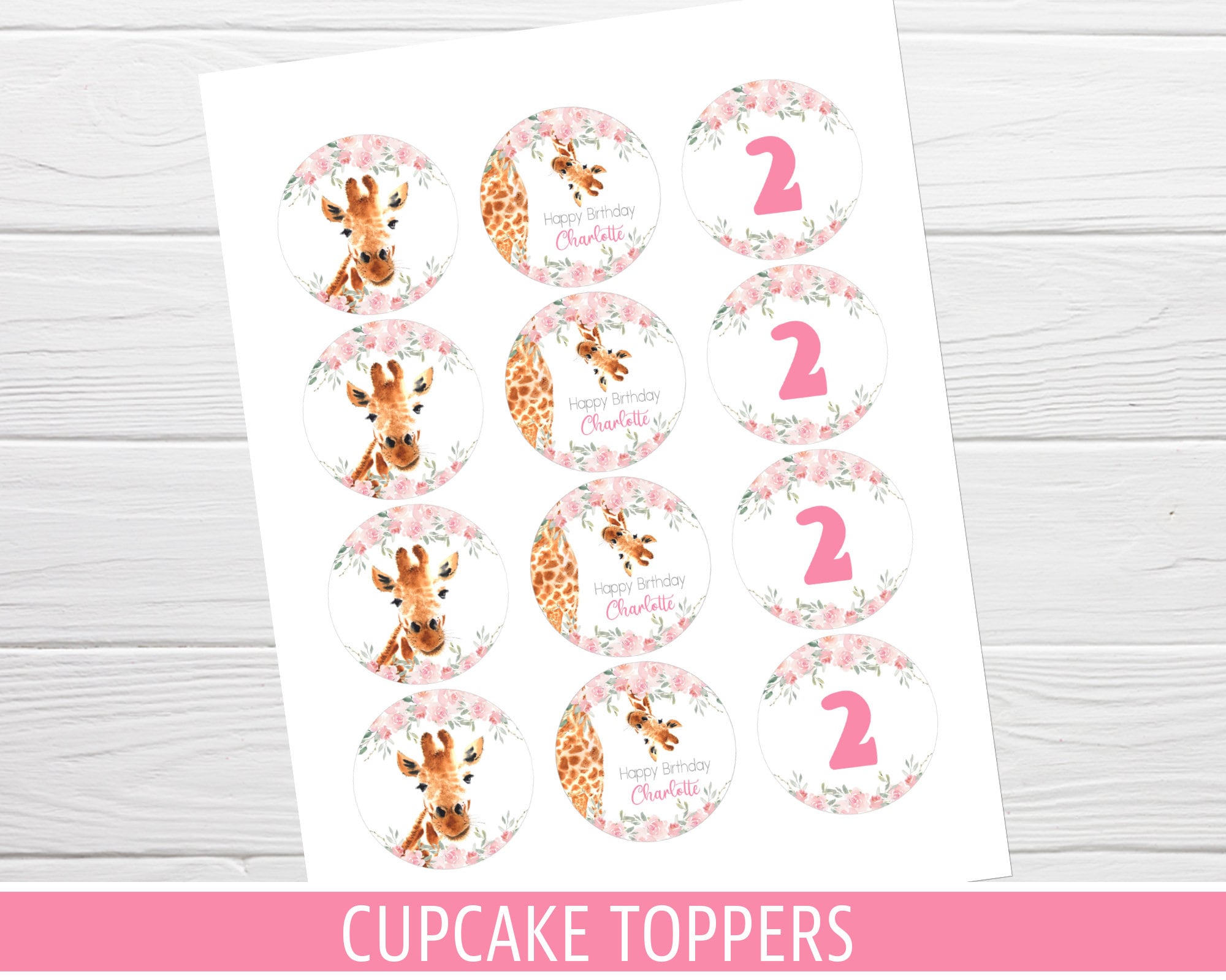 Giraffe Cupcake Topper Pink Template, Editable, Cute Giraffe Circle ...