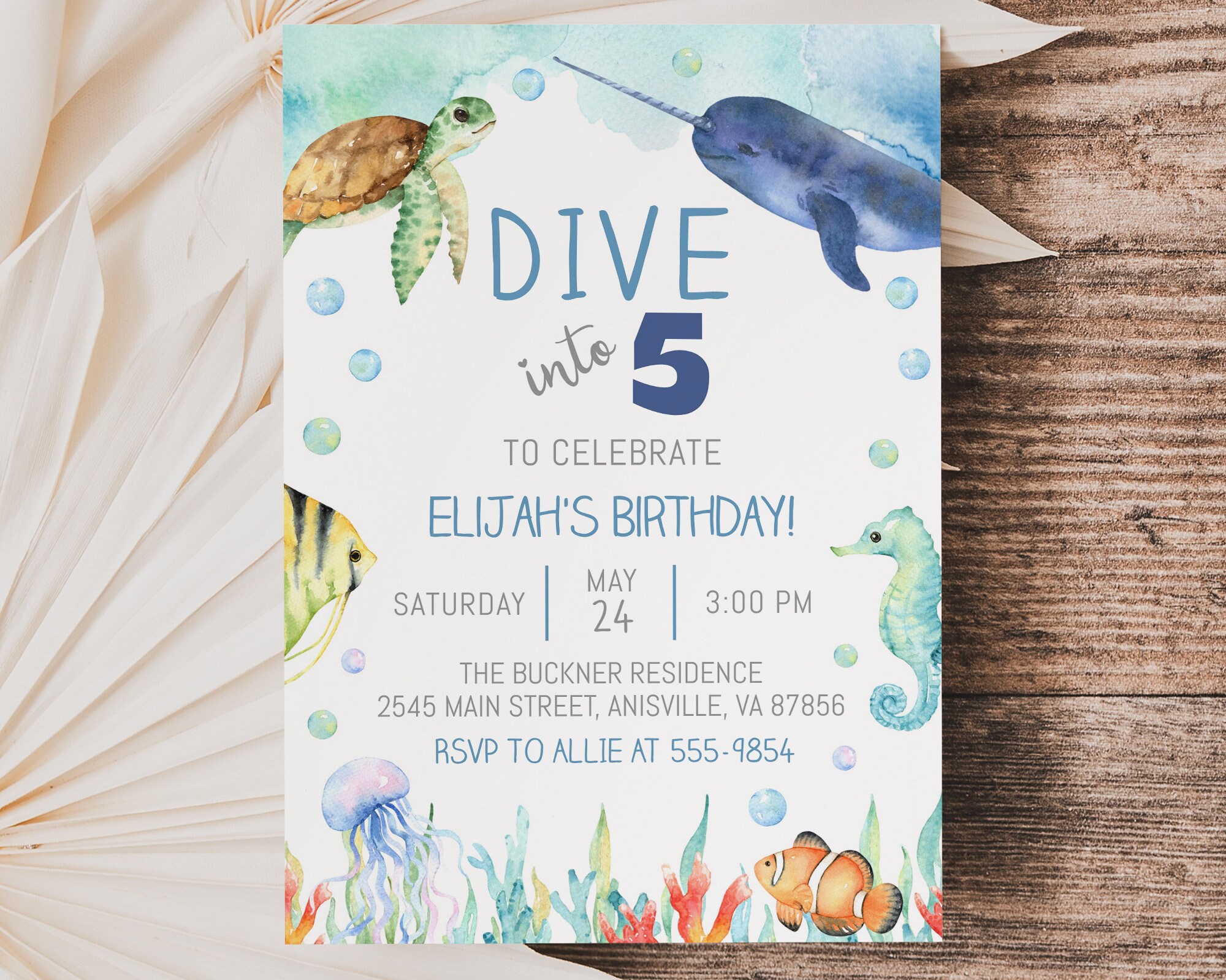 Dive Into Five Birthday Invitation Template, Ocean Animals, Blue, Boy ...