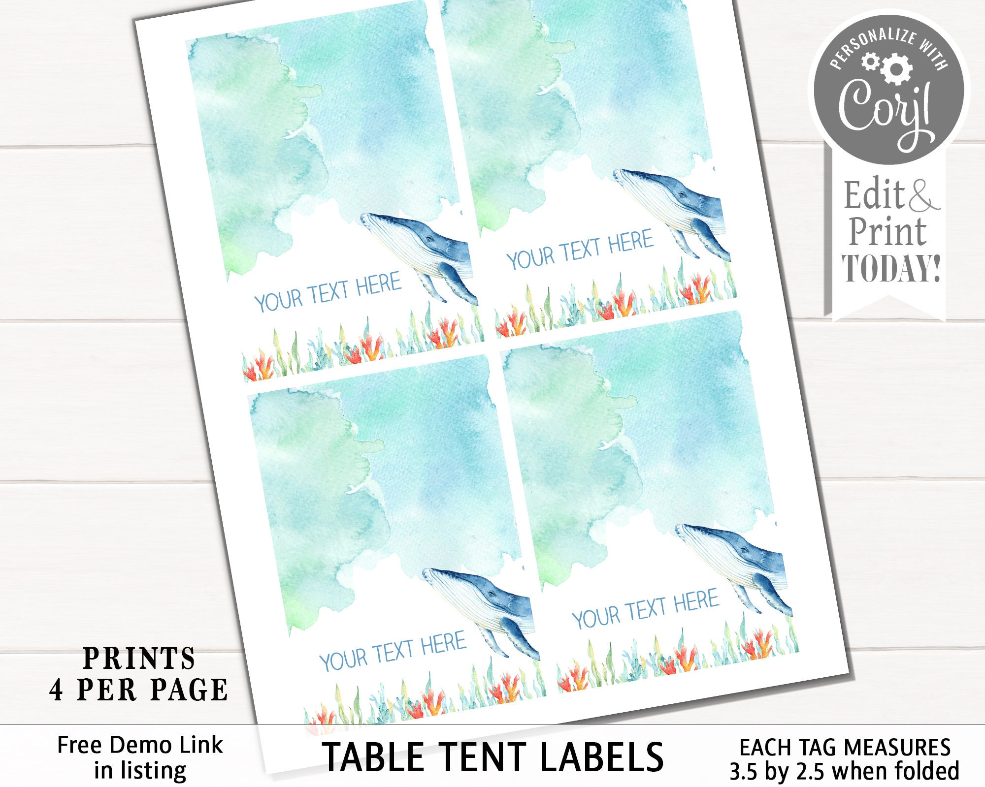 Whale Table Tent Label, Ocean Party, Whale Party, Girl, Boy, Food Label ...