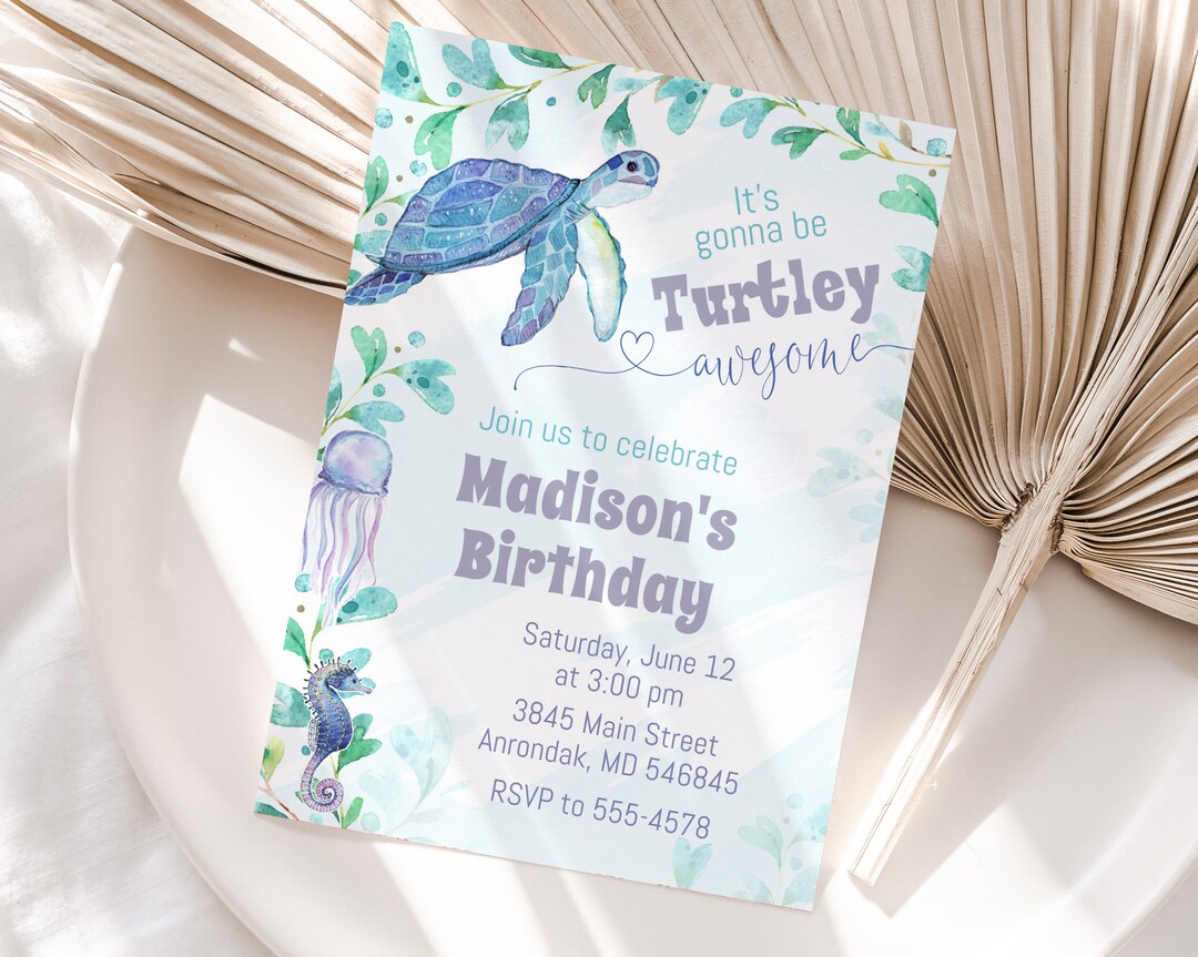 Turtley Awesome Birthday Invitation, Editable, Turtle Invitation, Ocean ...