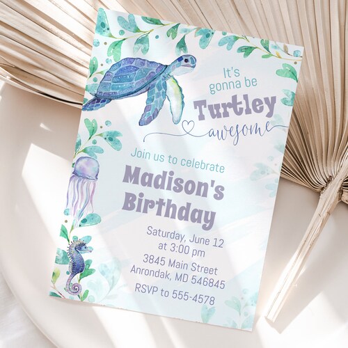 Turtle Birthday Invitation Editable Turtley Awesome Under - Etsy