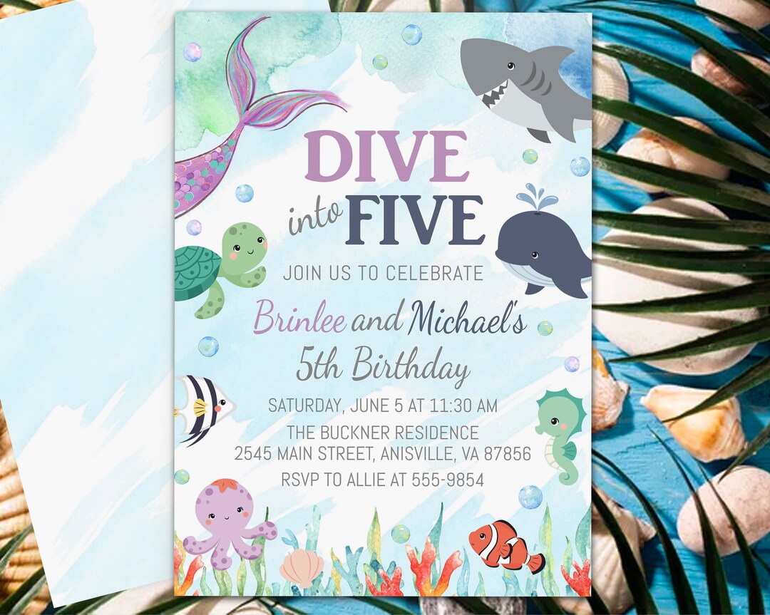Dive Into 5 Twins Birthday Invitation Template, Ocean Animals, Editable ...