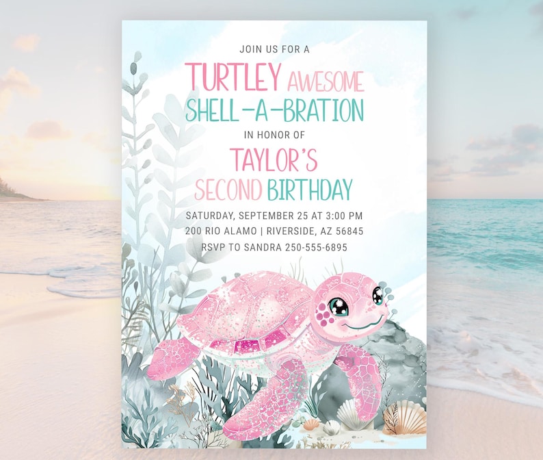 Turtle Birthday Invitation Template Editable, Pink Turtley Awesome ...