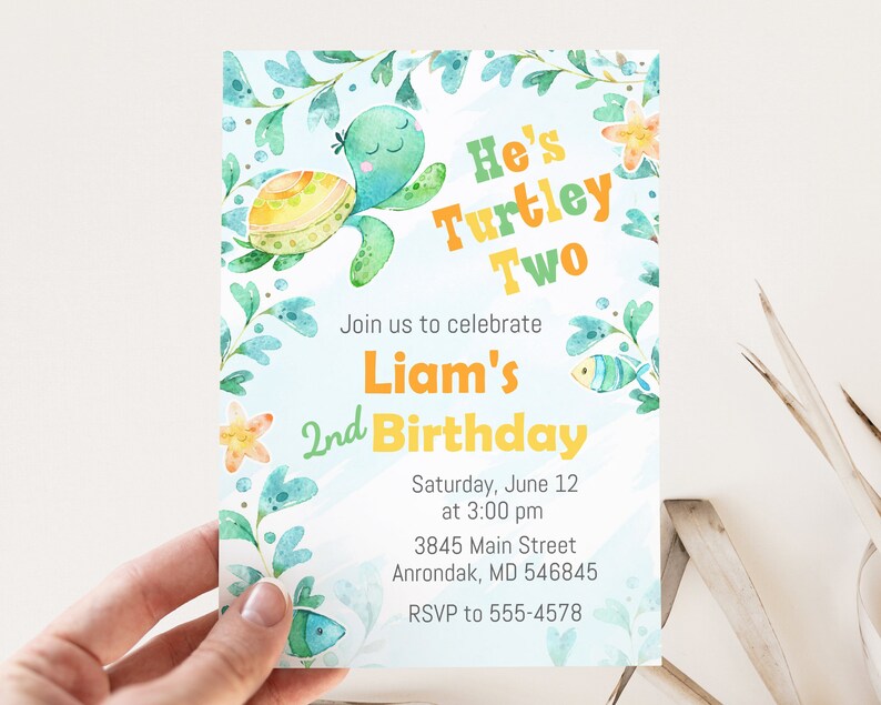 Turtle Birthday Invitation Template, Editable, Turtley Two, Second ...