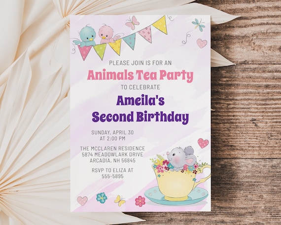 Animal Tea Party Birthday InvitationTemplate, editable with mouse in ...