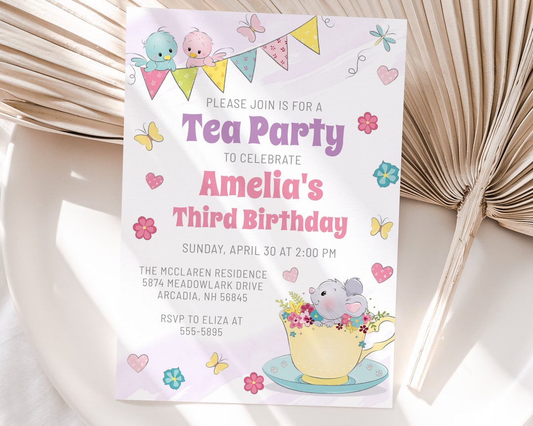 Mouse Tea Party Birthday Invitation Template, Third Birthday or ...