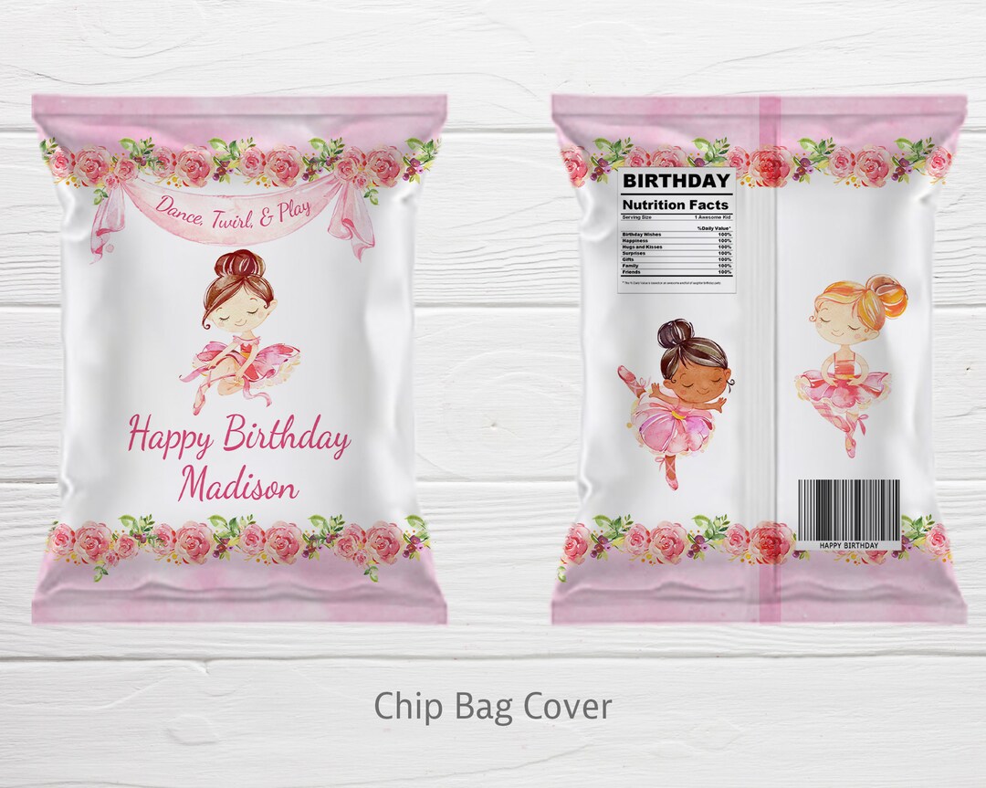 Ballet Chip Bag Cover, Ballerina Pink Flowers Party Favor Decor Instant ...