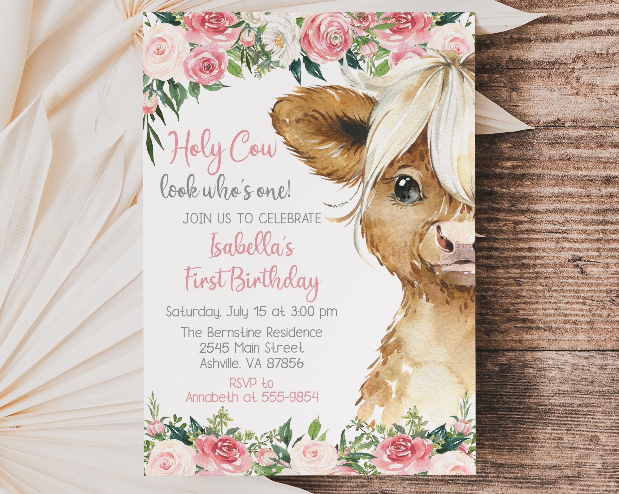 Highland Cow First Birthday Invitation Template Editable Cow With ...