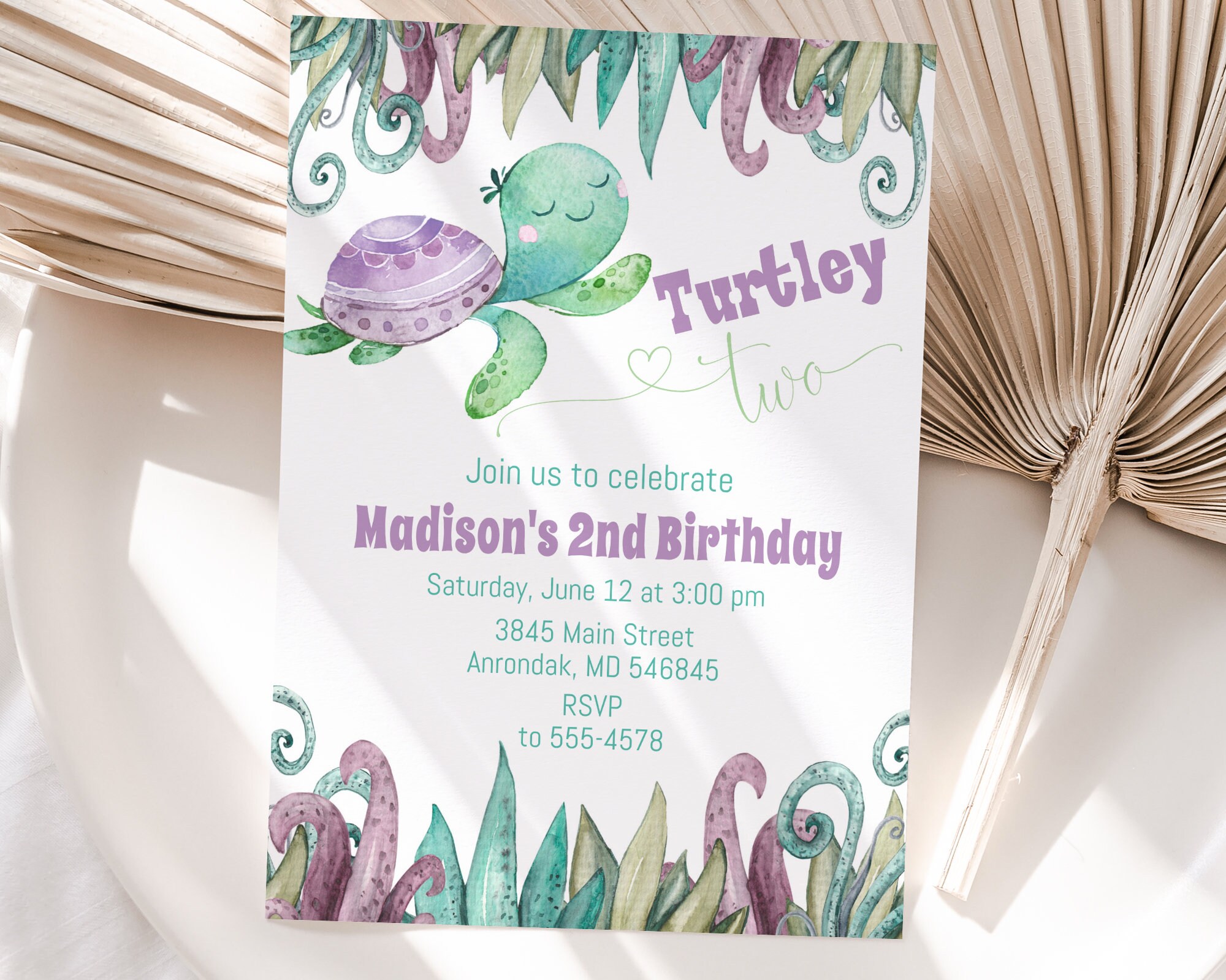 Turtley Two Birthday Invitation, Editable, Turtle Invitation, Ocean ...