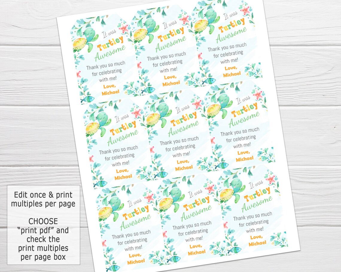 Turtle Favor Tags Template, Editable, Cute Turtle Birthday Hang Tag ...
