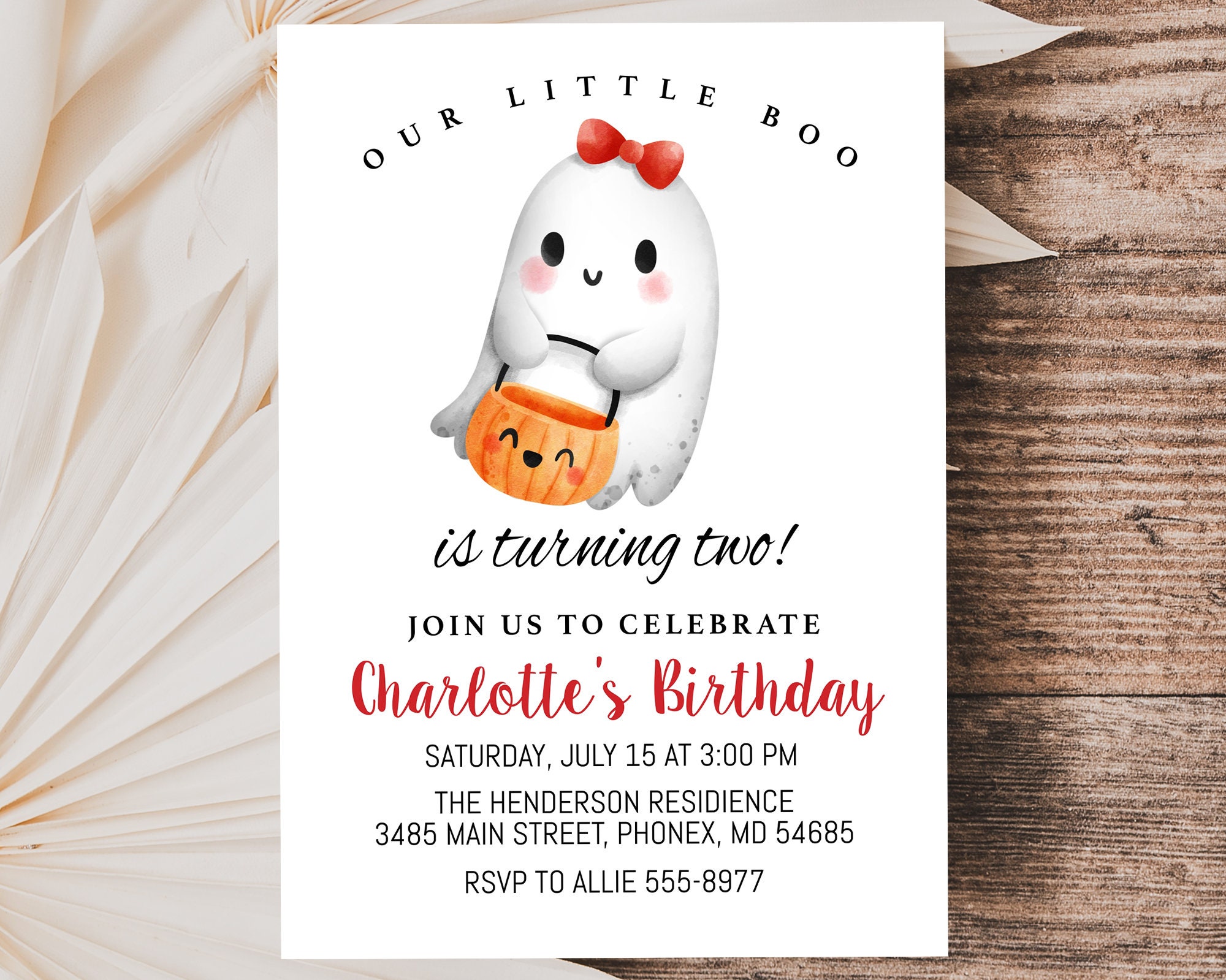 Ghost Birthday Invitation Template Cute Ghost With Red Bow - Etsy
