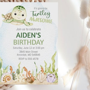 Turtle Birthday Invitation, Editable, Turtley Awesome, Under the Sea ...