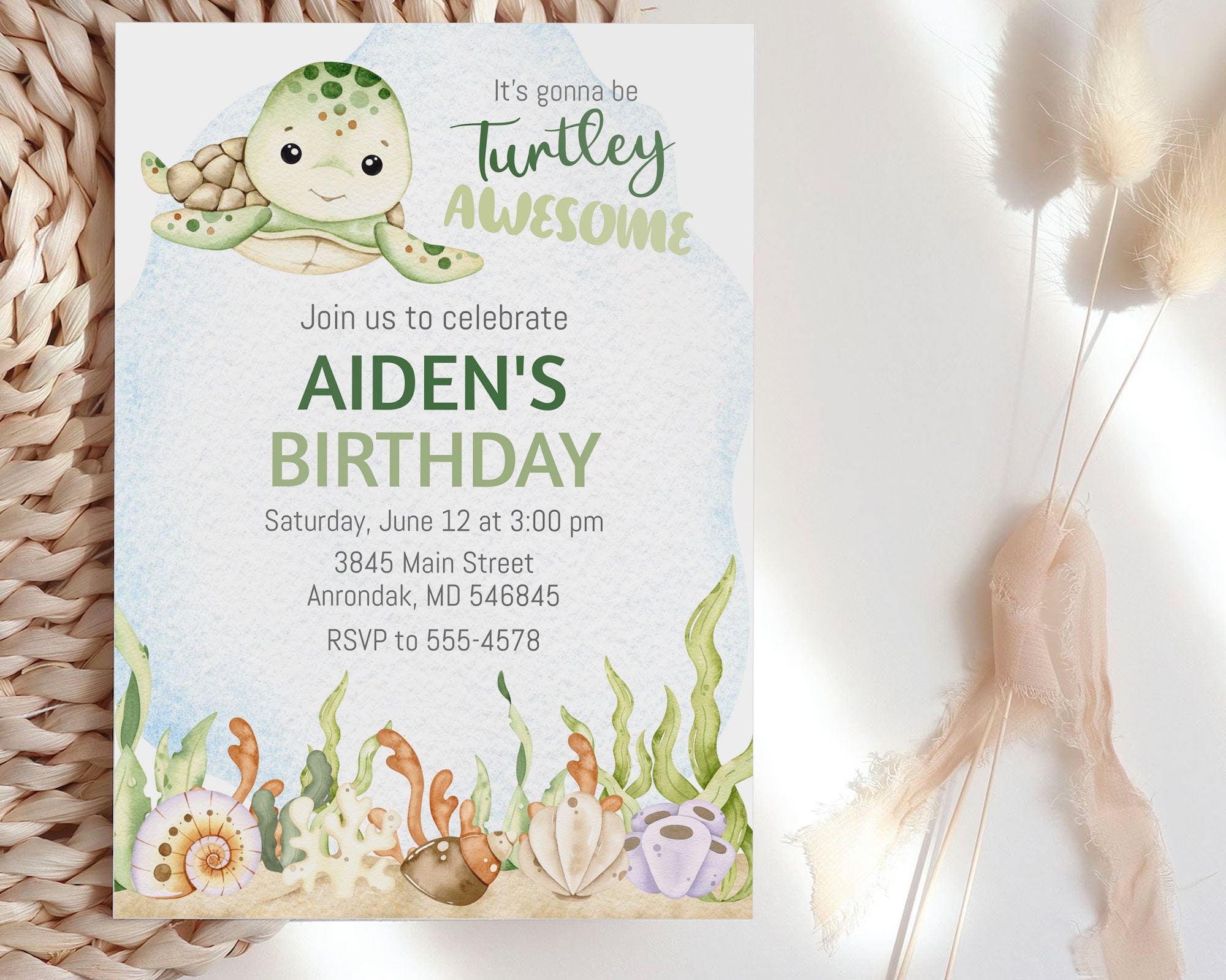 Turtle Birthday Invitation, Editable, Turtley Awesome, Under the Sea ...