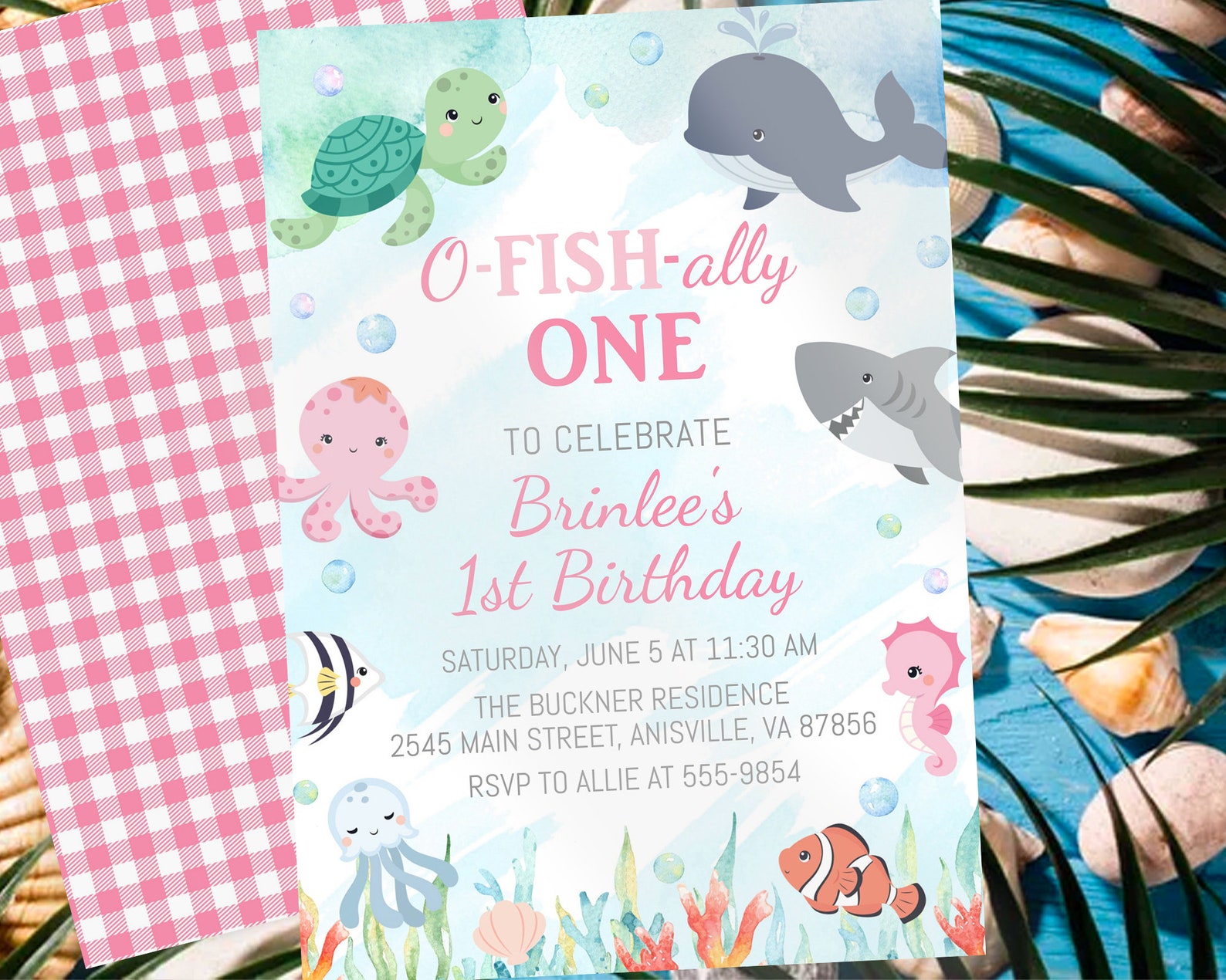 Ofishally One Birthday Invitation: Pink Ocean Animals (editable ...