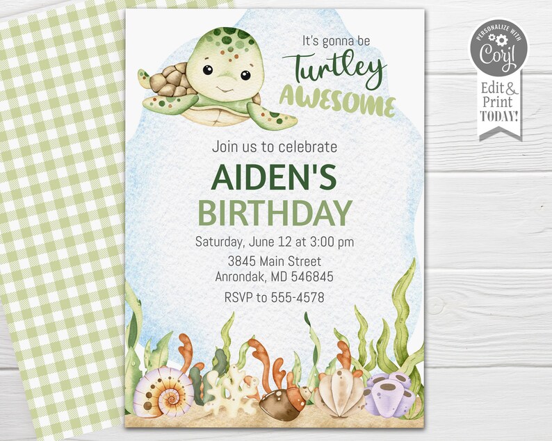 Turtle Birthday Invitation, Editable, Turtley Awesome, Under the Sea ...