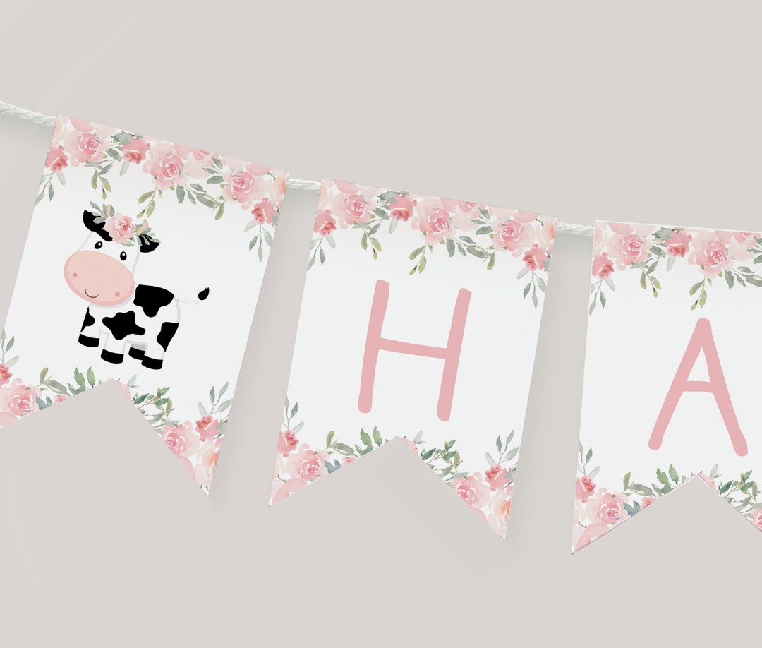 Cow Banner Template, Pink Flowers, Editable Happy Birthday Banner ...