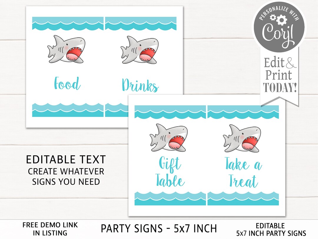 Cute Shark Party Signs - 5x7 Inches, Editable Table Signs, Instant ...