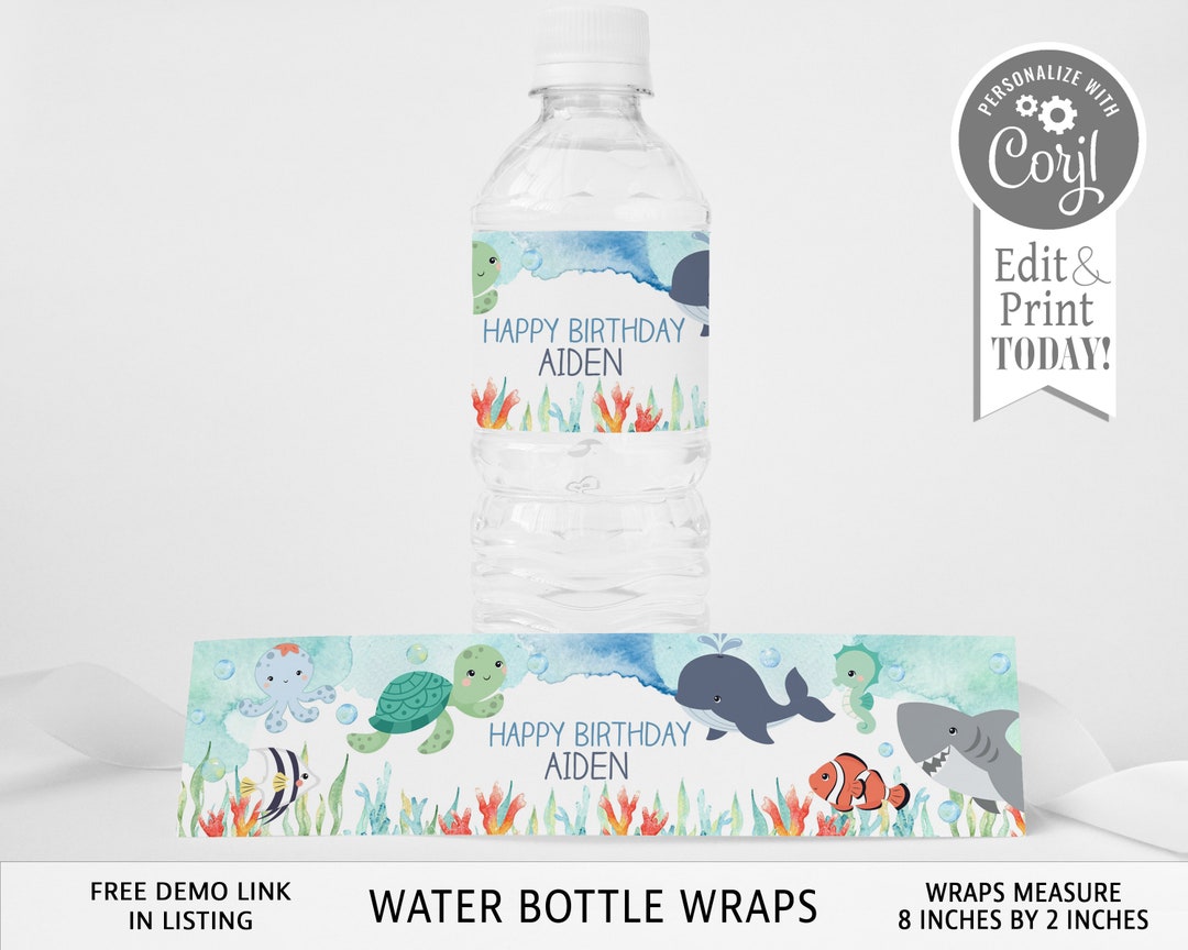 Ocean Animals Water Bottle Label, Editable Birthday Party Wrap (digital ...