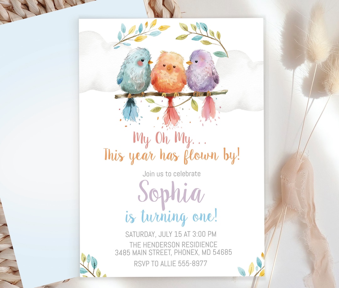 Bird Birthday Invitation Template, Editable, Turning One, First ...