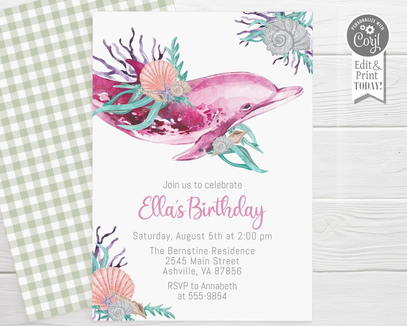 Dolphin Birthday Invitation, Sea Shells, Pink, Editable, Under the Sea ...