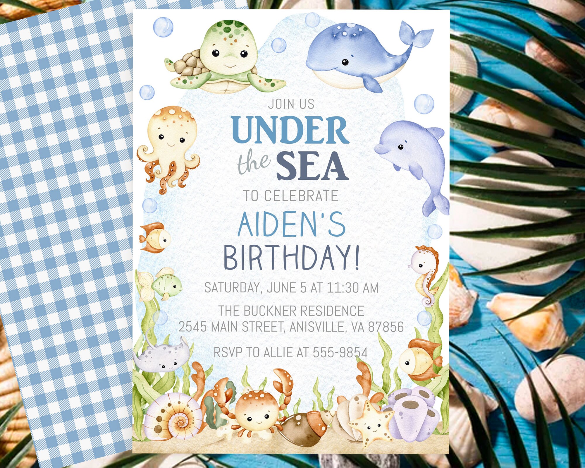 Ocean Birthday Invitation Template, Ocean Animals, Boy, Blue, Editable ...