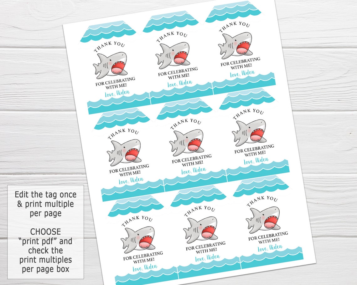 Cute Shark Favor Tags, Editable, Shark Birthday Hang Tag, Thank You Tag ...