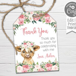 Highland Cow Favor Tags, Editable, Pink Flowers Hang Tag, Thank You Tag ...