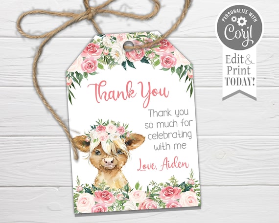 Highland Cow Favor Tags Editable Pink Flowers Hang Tag | Etsy