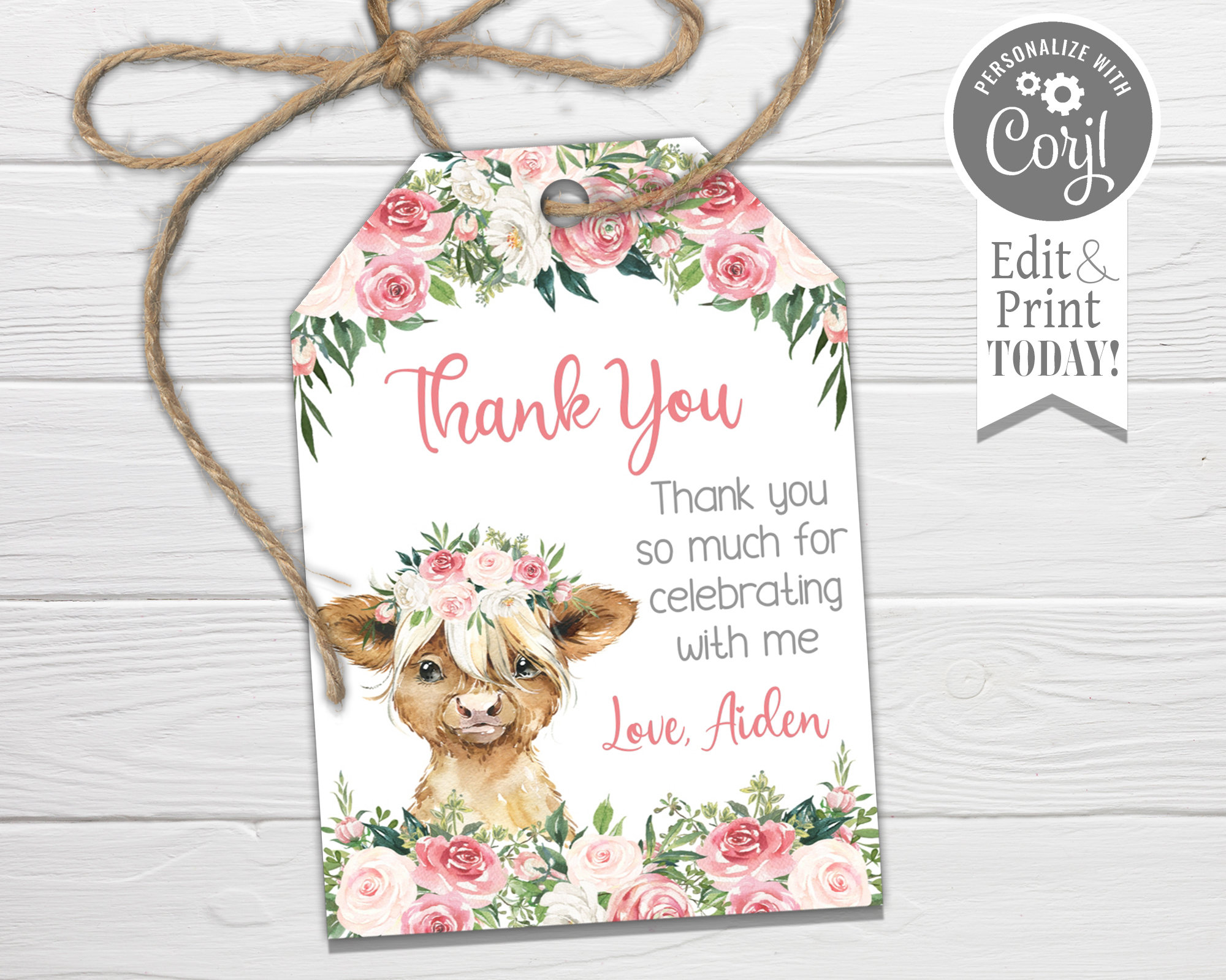 Highland Cow Favor Tags, Editable, Pink Flowers Hang Tag, Thank You Tag ...