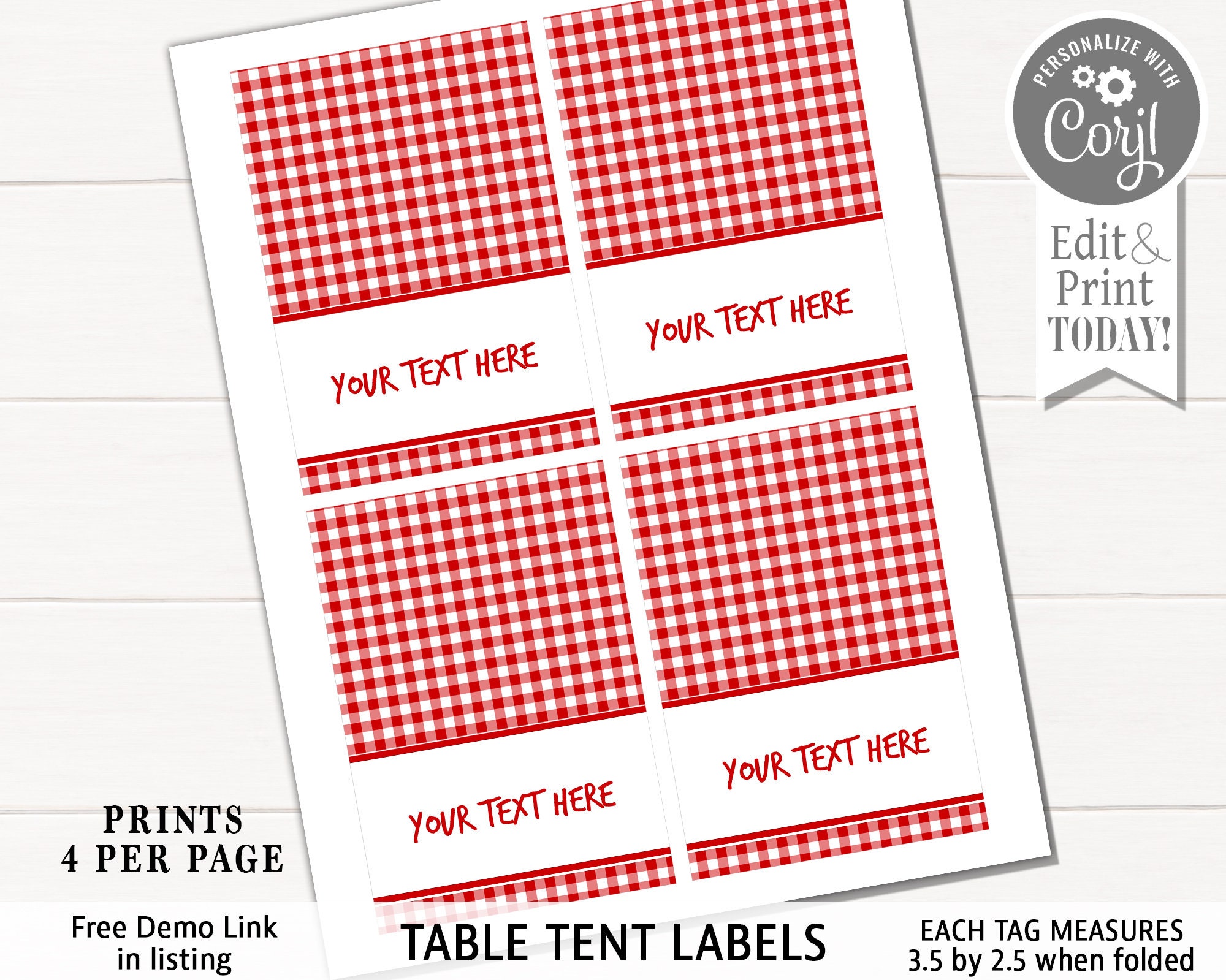 Red Table Tent Label, Farm Party Food Label, Red Gingham, Editable ...