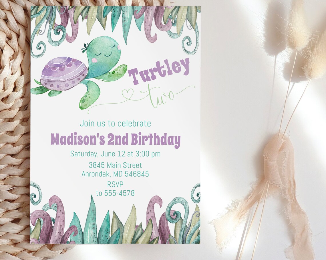 Turtley Two Birthday Invitation, Editable, Turtle Invitation, Ocean ...
