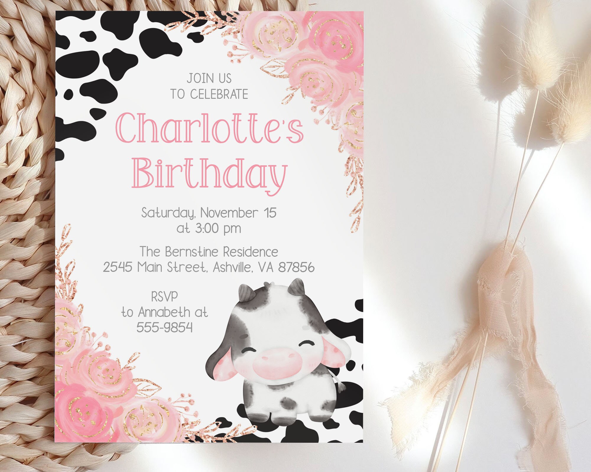 Cow Birthday Invitation Template, Editable Birthday Invitation, Cute ...