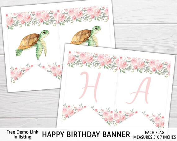 Turtle Banner Template, Editable Happy Birthday Banner, Turtle Pink ...