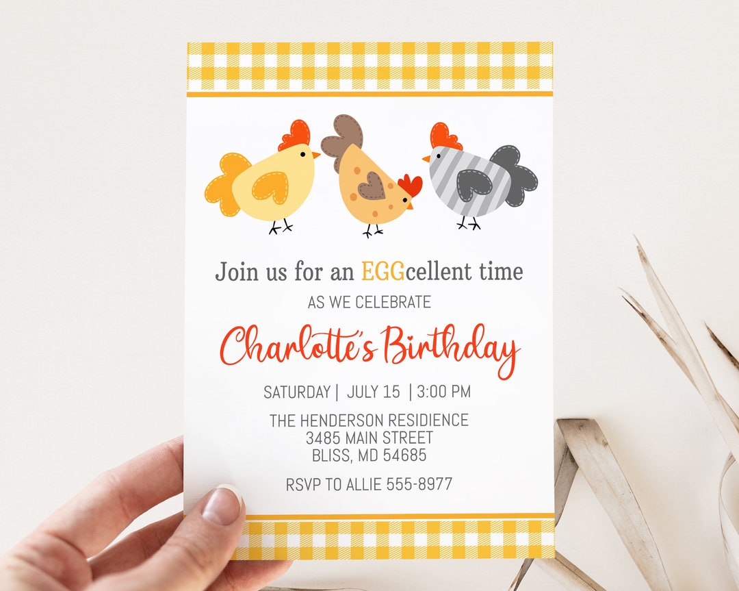 Chicken Birthday Invitation, Egg-cellent Time, Girl, Editable, Farm ...